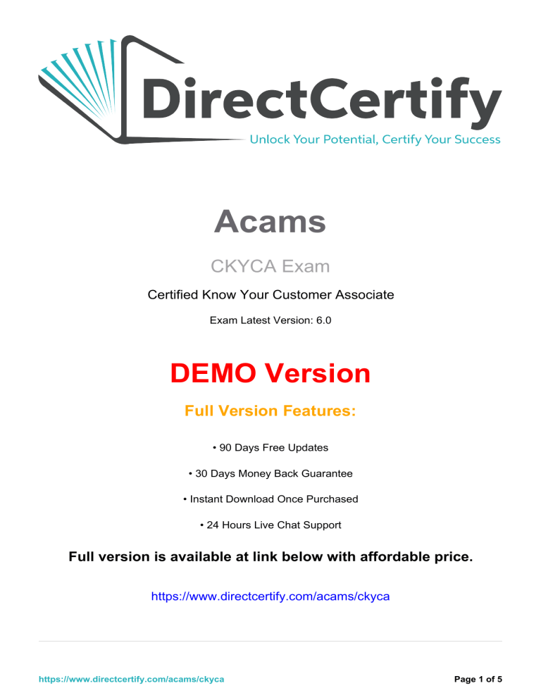 ACAMS CKYCA Exam Demo: KYC Compliance Questions