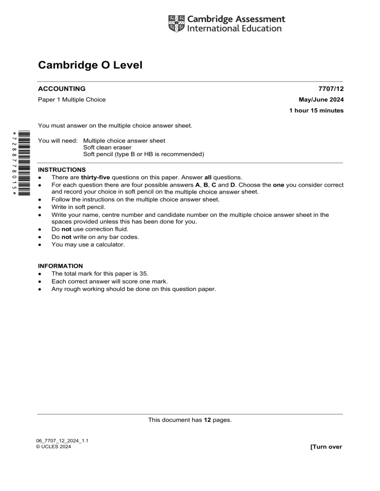 O Level Accounting 7707/12: Multiple Choice Exam Paper