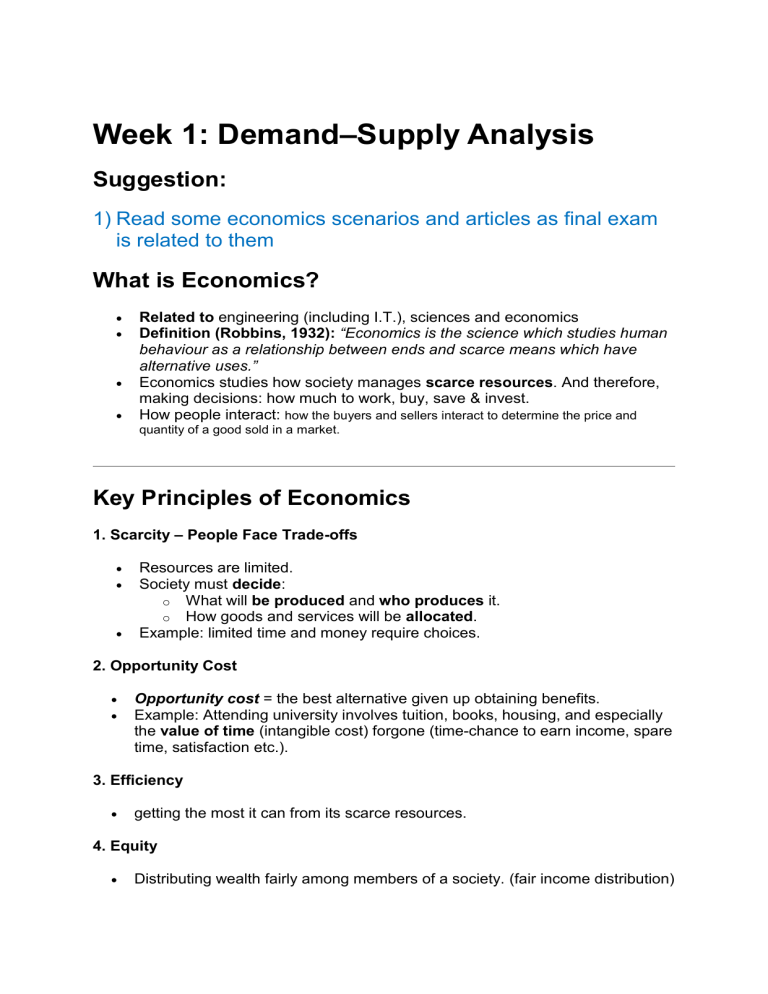 Economics: Demand-Supply Analysis & Key Principles (Week 1)