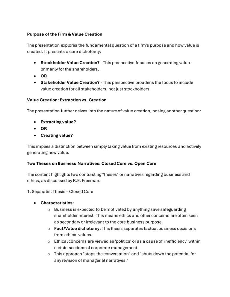 Purpose of the Firm: Value Creation, Stakeholders & Business Ethics