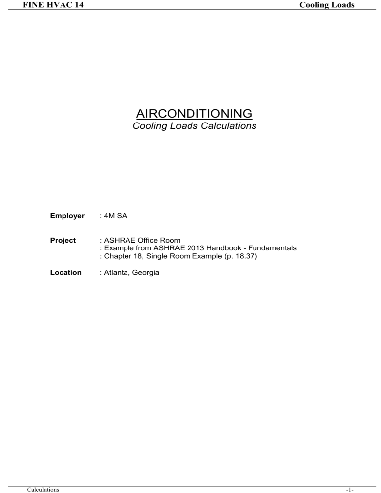 ASHRAE RTS Cooling Load Calculations: Air Conditioning Methodology