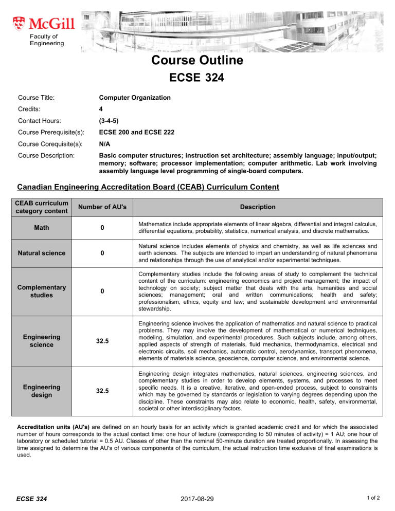 ECSE 324 Computer Organization Course Outline - McGill University
