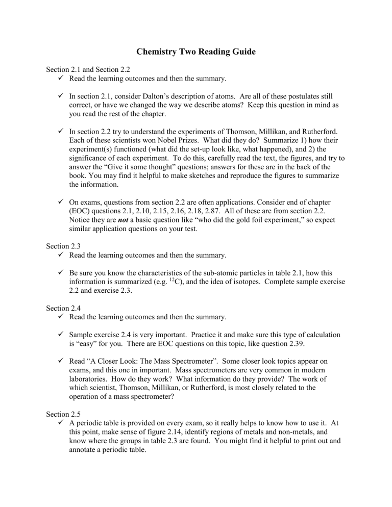 Chemistry Two Reading Guide: Atomic Structure, Formulas, & Nomenclature