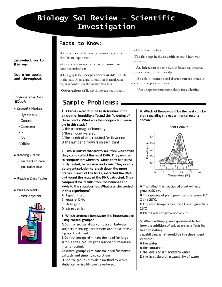 Biology SOL Review: Scientific Investigation & Experimental Design