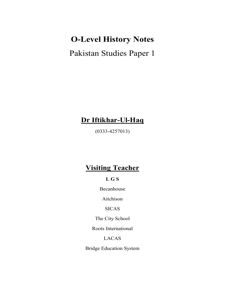 O-Level Pakistan Studies History Notes (1600-1999)