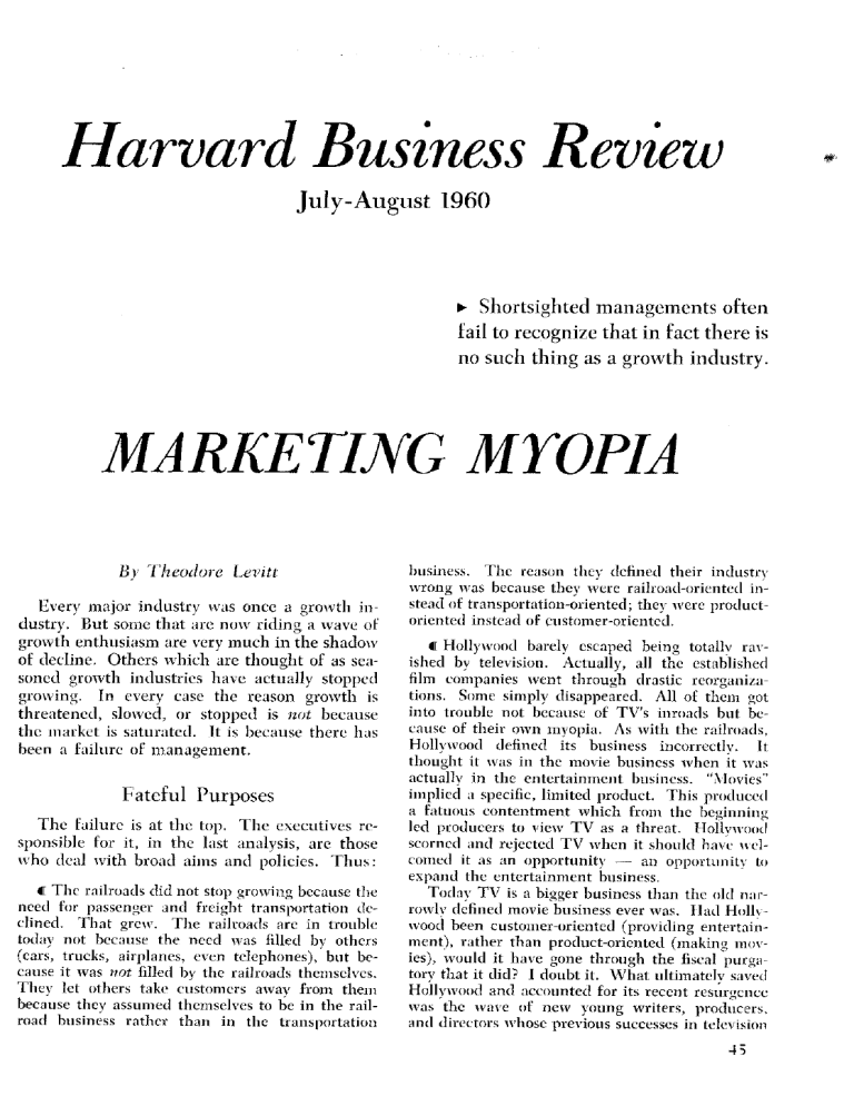 Marketing Myopia by Theodore Levitt - Harvard Business Review 1960