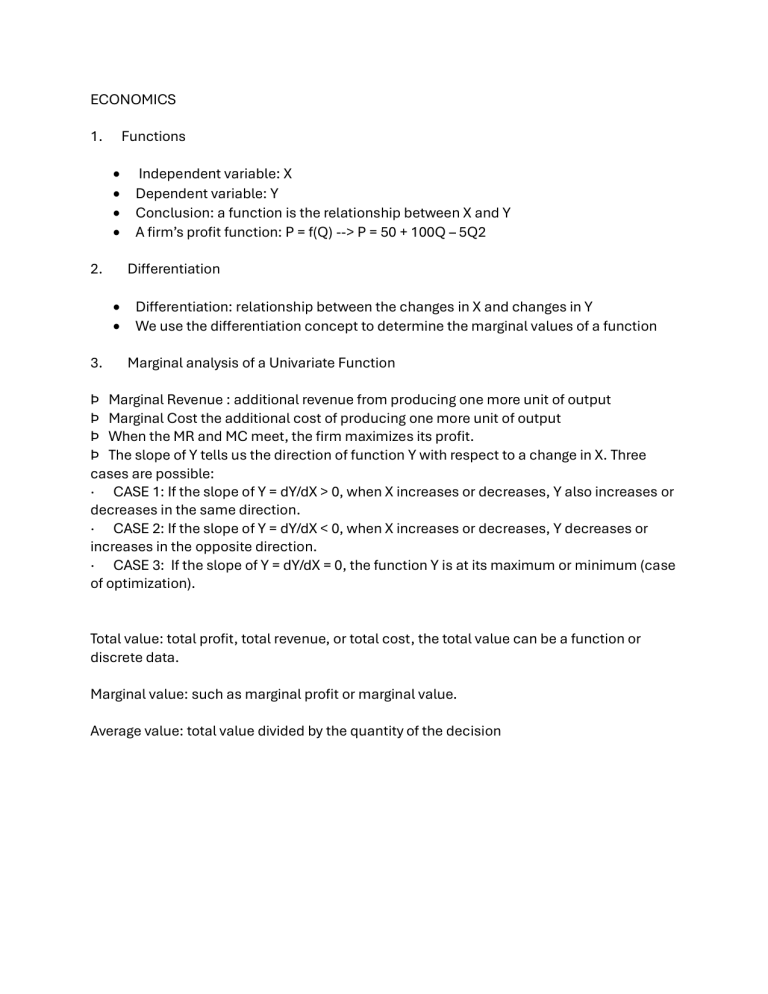 Economics: Functions, Differentiation, Marginal Analysis