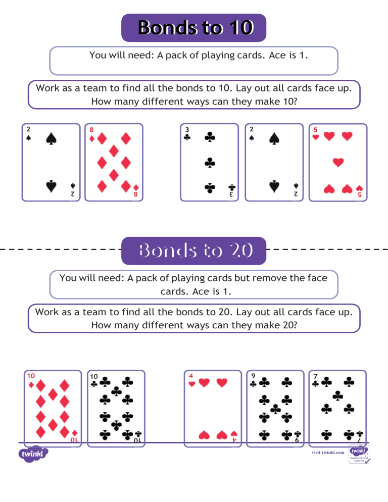 Playing Card Math Activities: Bonds to 10 & 20, Addition, Subtraction