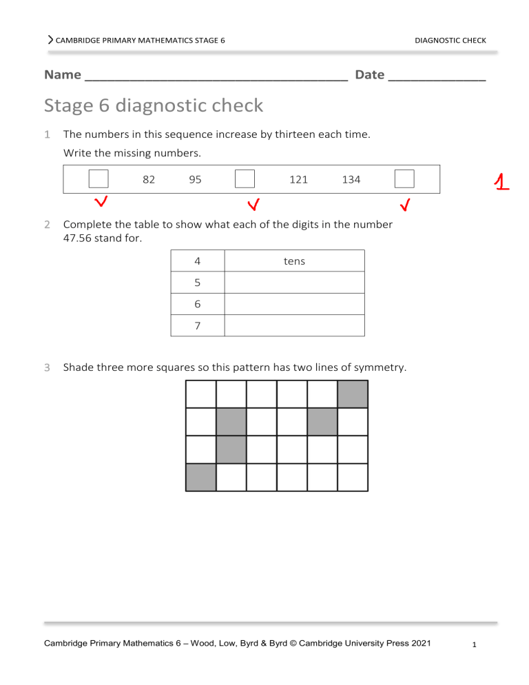 Cambridge Primary Maths Stage 6 Diagnostic Check | Assessment