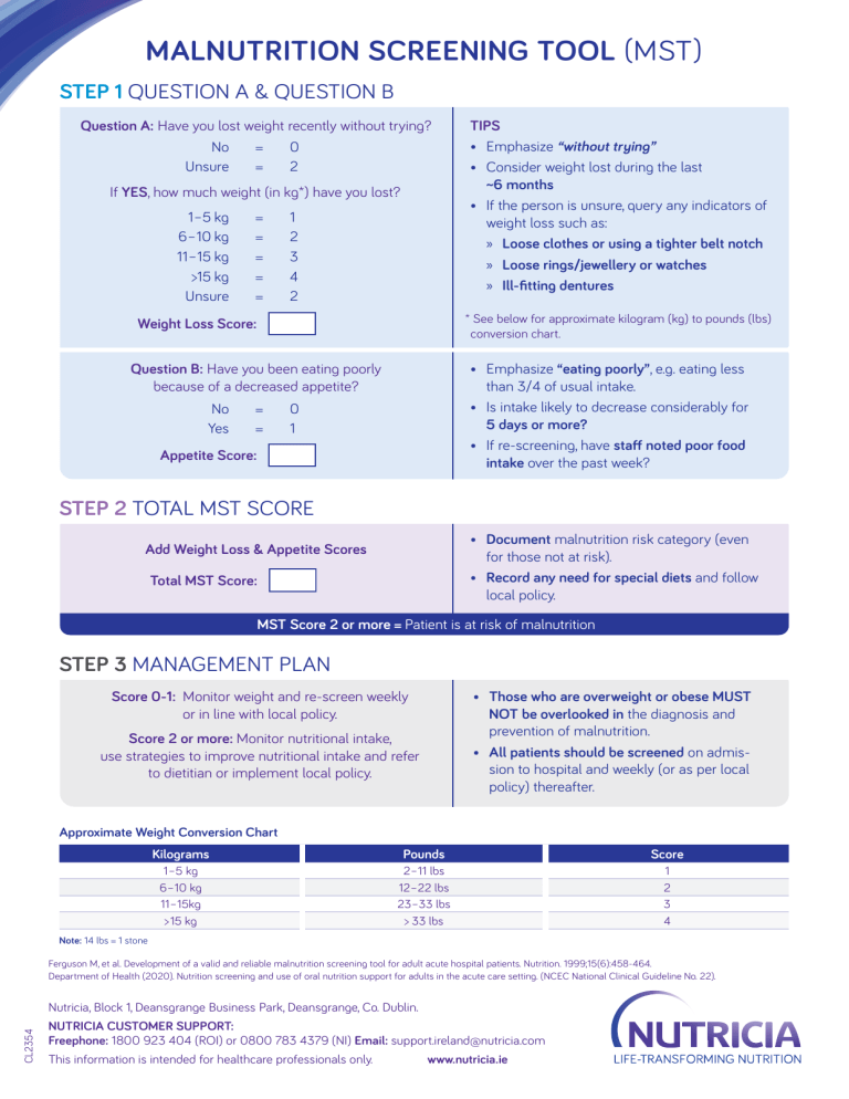 Malnutrition Screening Tool (MST) for Adult Acute Hospital Patients
