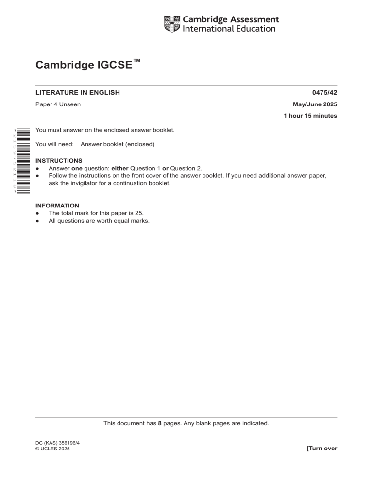 Cambridge IGCSE Literature in English 0475/42 Unseen Paper 2025