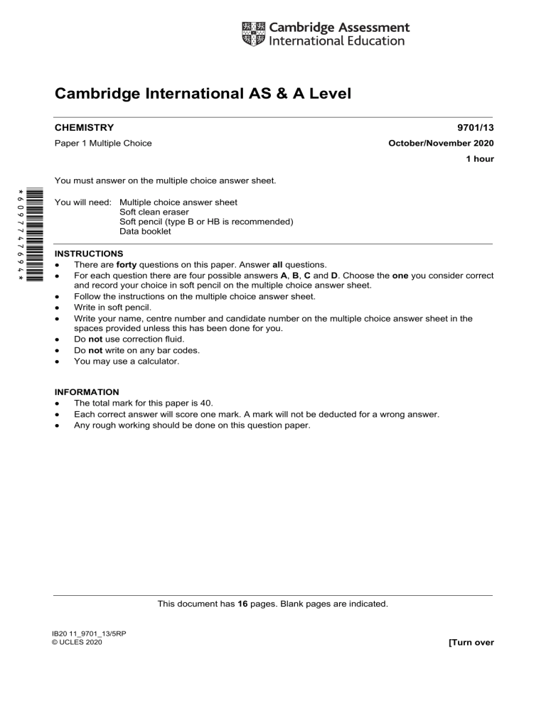Cambridge AS & A Level Chemistry 9701/13 Multiple Choice Paper 2020