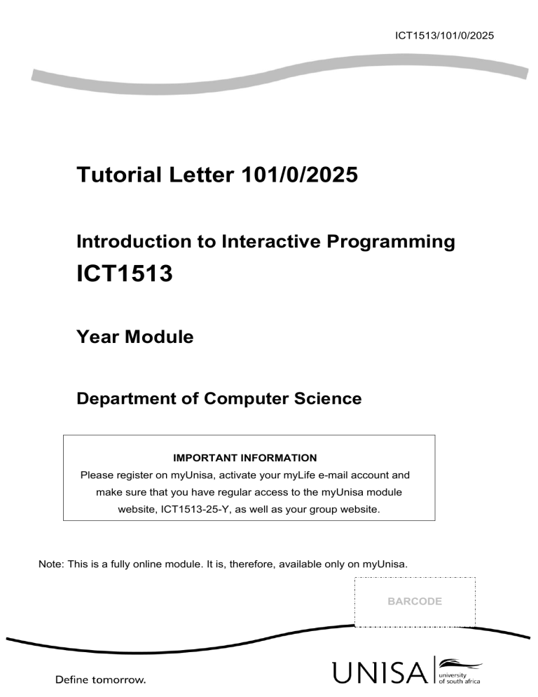 Unisa ICT1513: Introduction to Interactive Programming Tutorial Letter