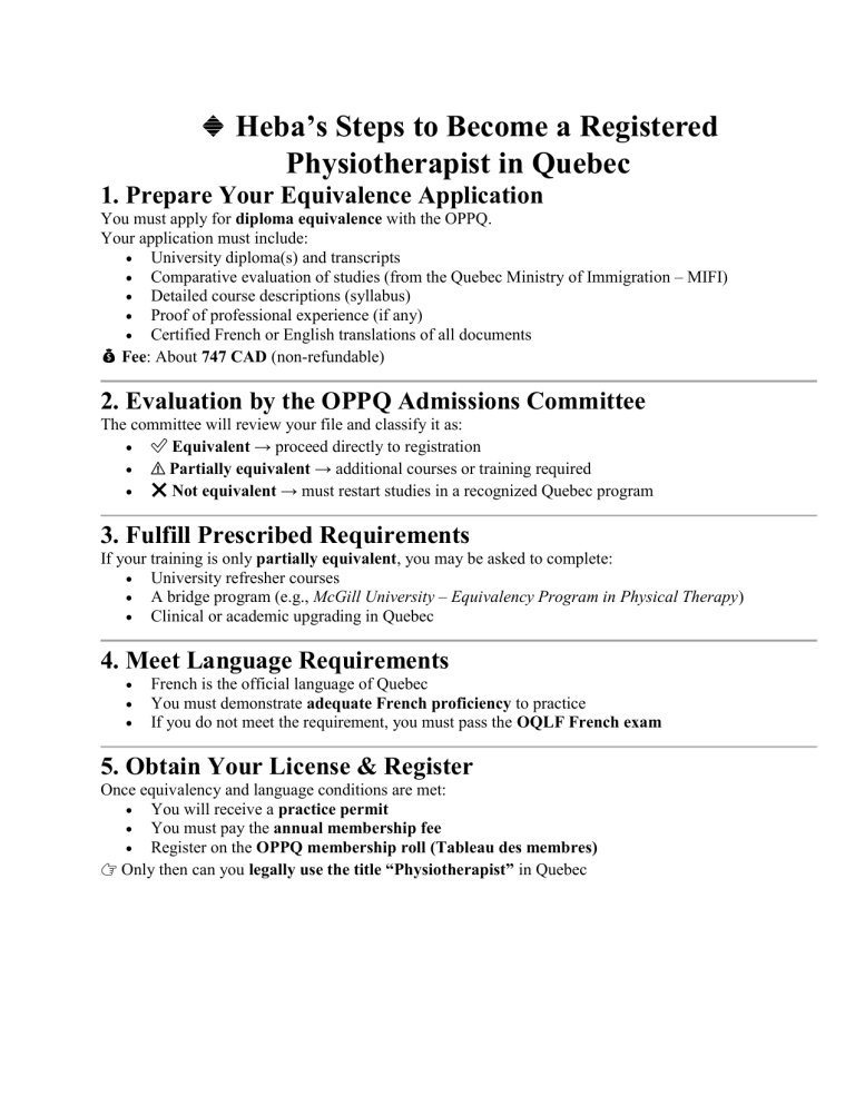 Heba's Guide: Become a Registered Physiotherapist in Quebec