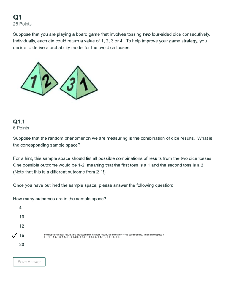 Probability: Sample Space & Combinations with Four-Sided Dice