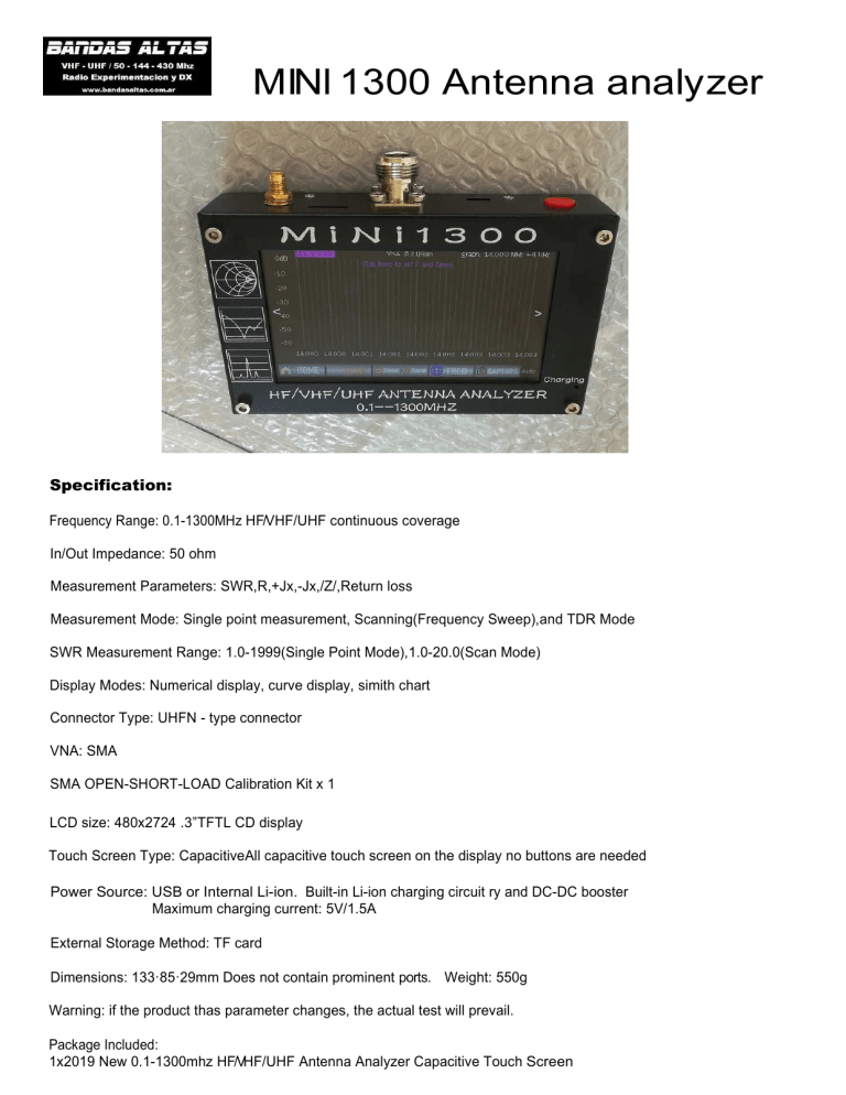 MINI 1300 Antenna Analyzer User Manual: Specifications & Features