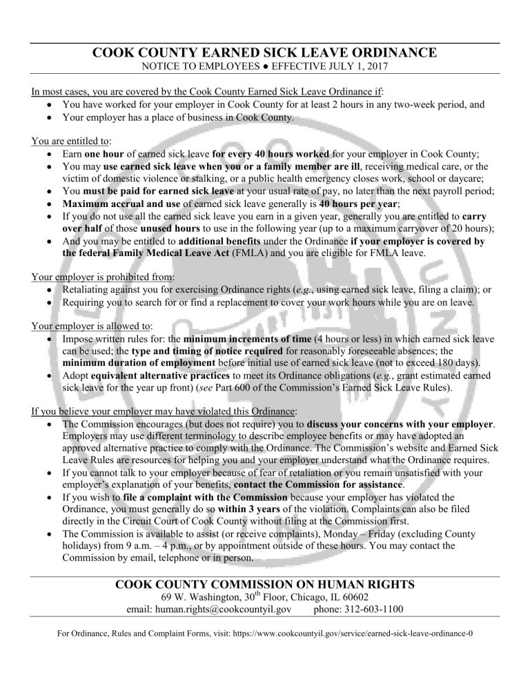 Cook County Earned Sick Leave Ordinance: Employee Rights & Notice