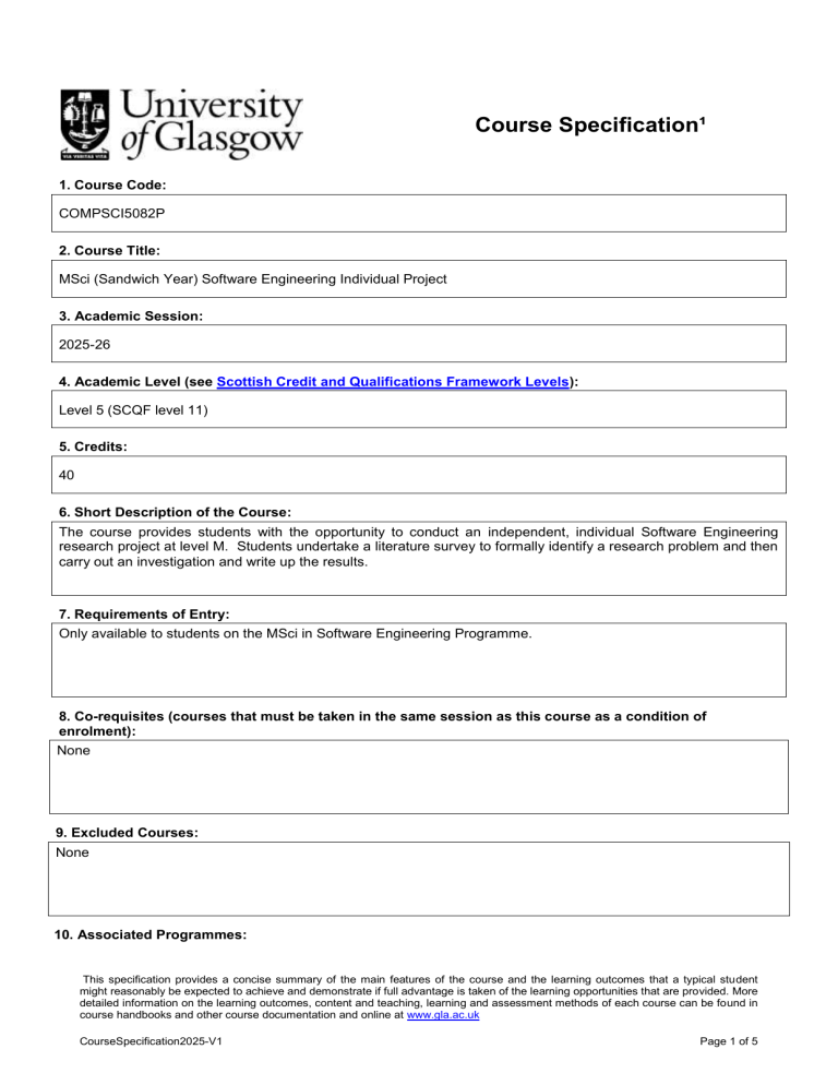 MSci Software Engineering Individual Project Course Specification 2025-26