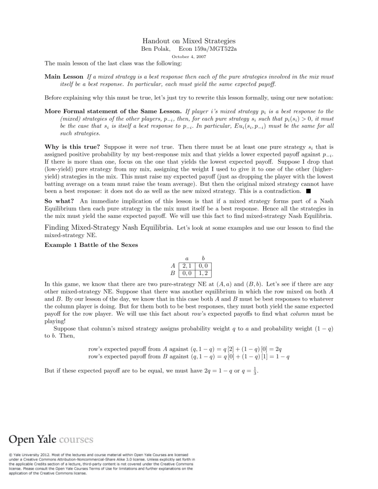 Mixed Strategies Handout: Finding Nash Equilibria in Game Theory