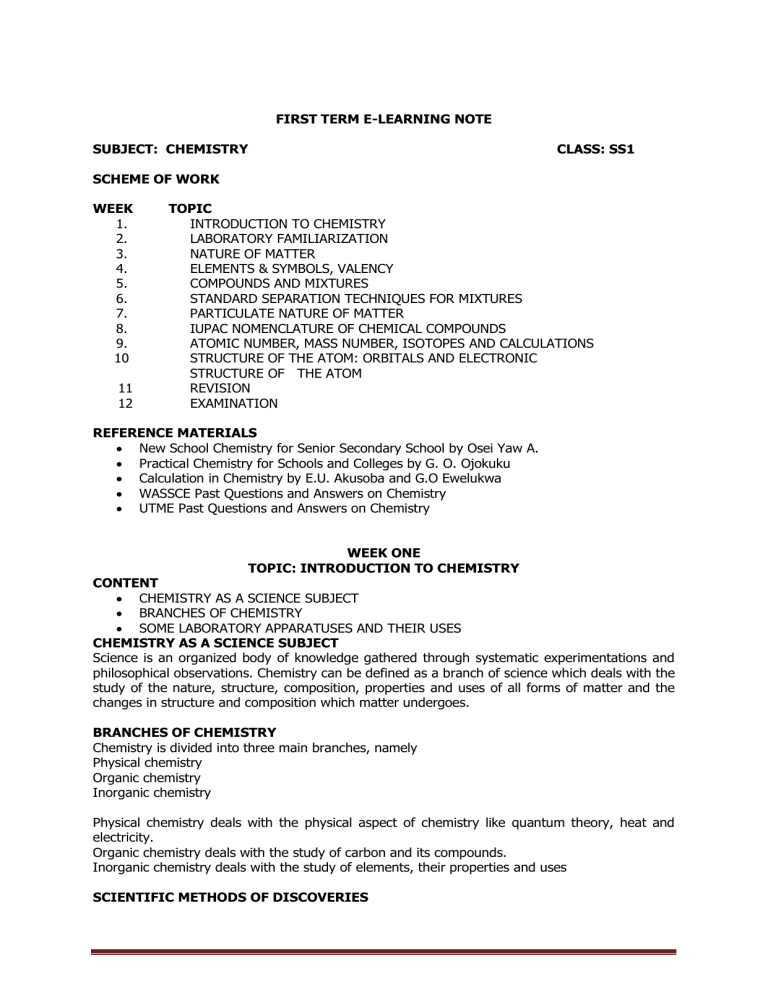 SS1 Chemistry E-Learning Note: Introduction & Lab Techniques