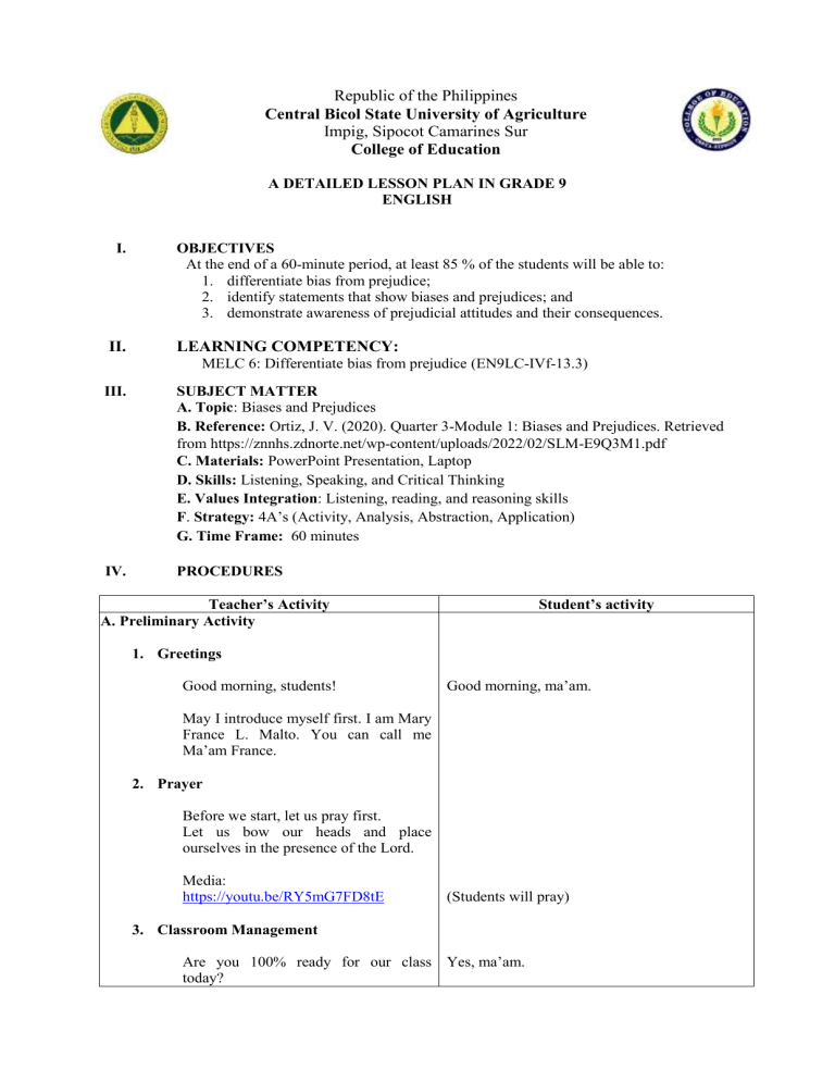 Grade 9 English Lesson Plan: Bias vs. Prejudice