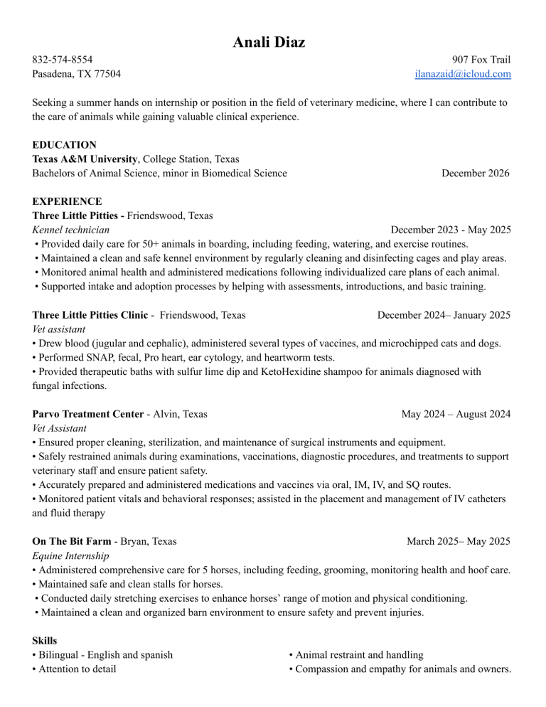 Anali Diaz - Veterinary Internship Resume