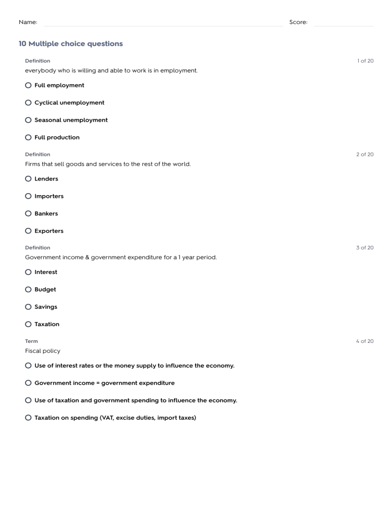 Economics Definitions & Terms Quiz: Multiple Choice & Written Questions