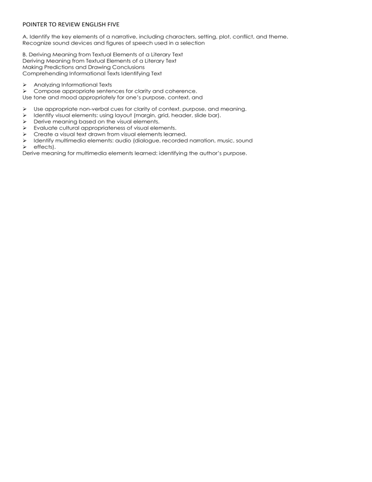 Grade 5 Review Pointer: English, Science, Araling Panlipunan Objectives