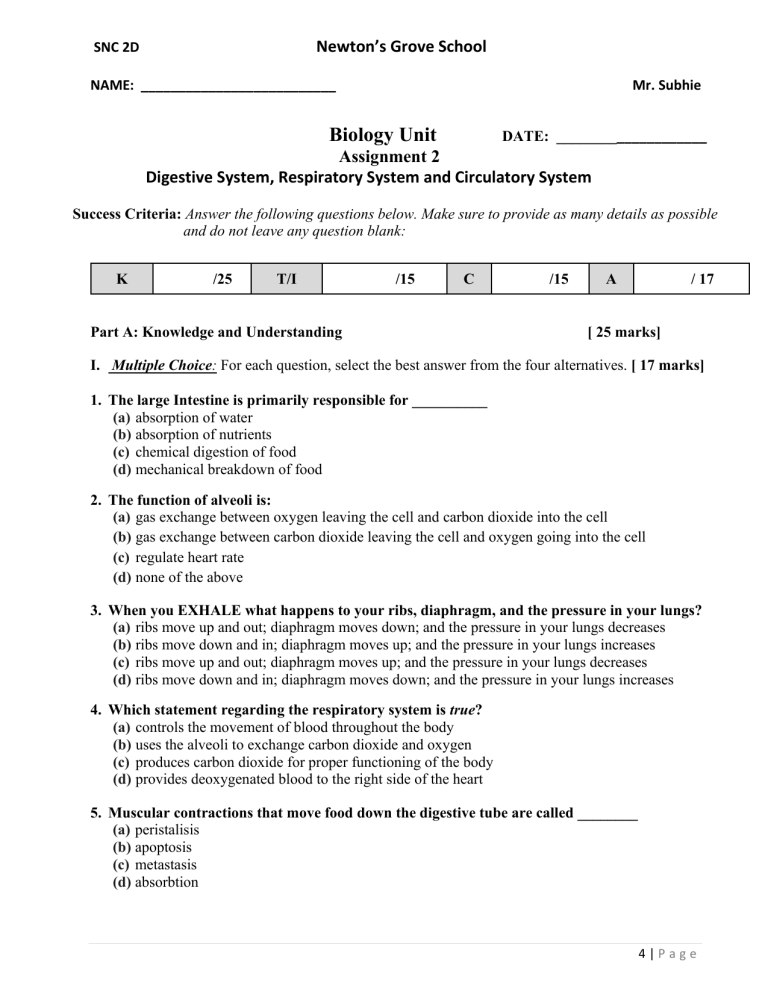 SNC 2D Biology Assignment: Digestive, Respiratory, Circulatory Systems