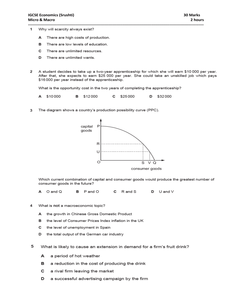 IGCSE Economics Micro & Macro Test Paper - 30 Marks, 2 Hours