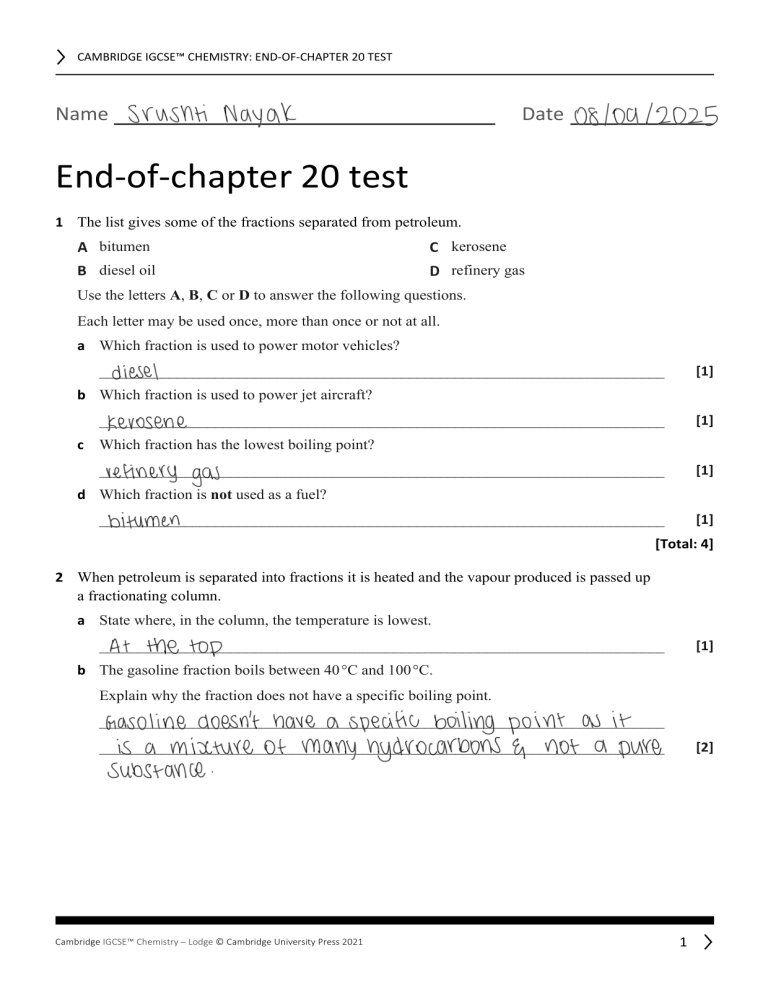 IGCSE Chemistry End-of-Chapter 20 Test: Petroleum & Polymers