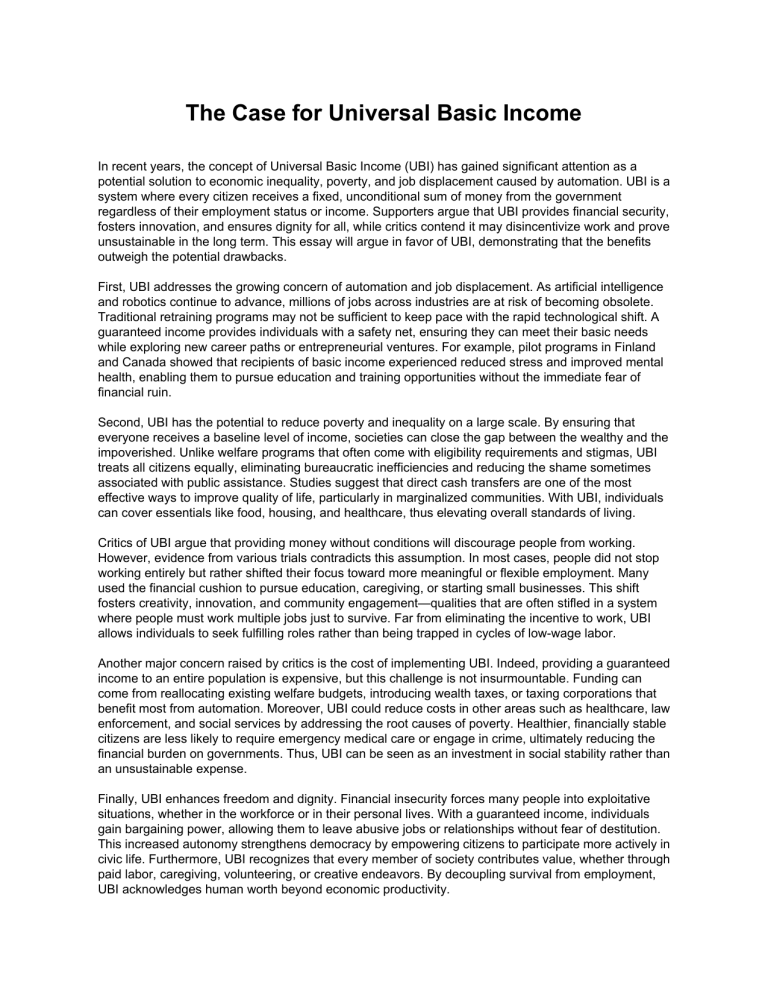 The Case for Universal Basic Income: Benefits, Challenges, and Future