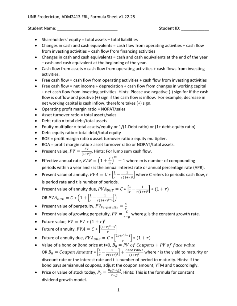 UNB Fredericton ADM2413 FRL Finance Formula Sheet v1.22.25