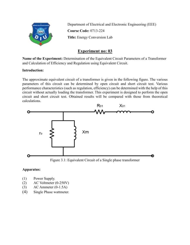 Transformer Equivalent Circuit Parameters Lab | EEE 0713-224