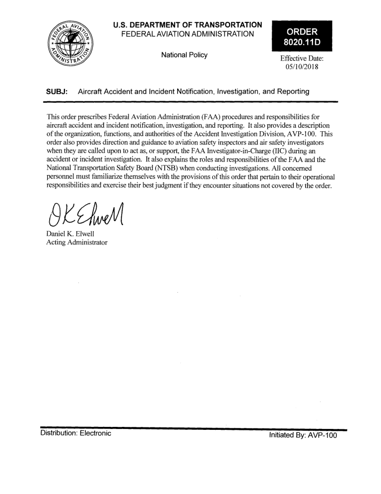 FAA Order 8020.11D: Aircraft Accident & Incident Investigation Policy