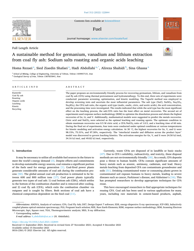Sustainable Ge, V, Li Extraction from Coal Fly Ash: Roasting & Leaching