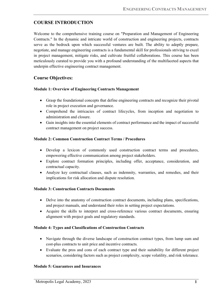 Engineering Contracts Management Course: Preparation & Project Success