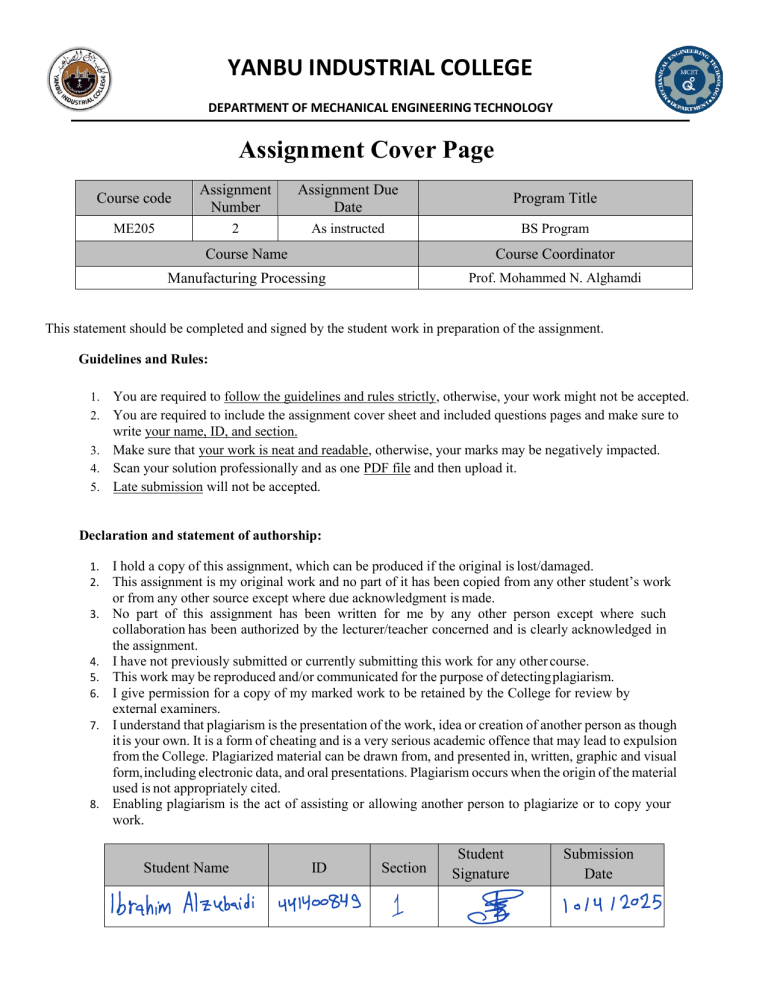 Mechanical Engineering Assignment: Manufacturing & Material Processing