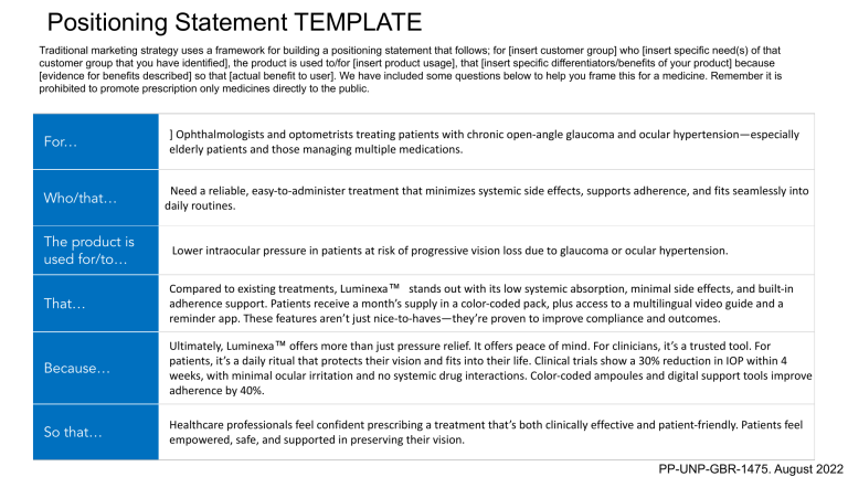Luminexa™ Positioning Statement Template for Glaucoma Treatment