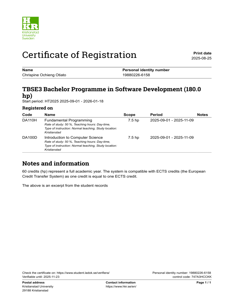 Certificate of Registration - Software Development Program