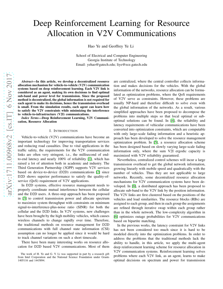 Deep Reinforcement Learning for V2V Communication Resource Allocation