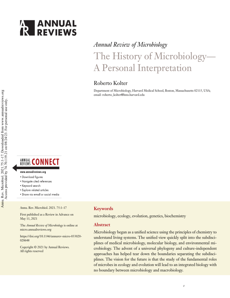 The History of Microbiology: A Personal Interpretation by Roberto Kolter