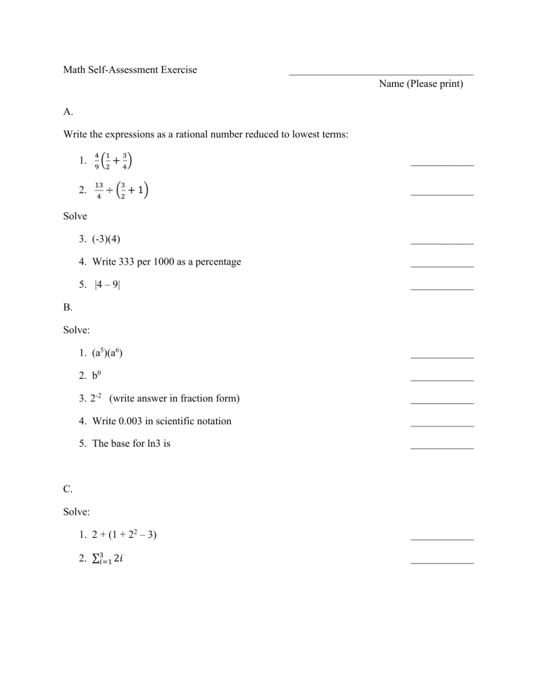 Math Self-Assessment Exercise | Algebra, Arithmetic & Pre-Calculus
