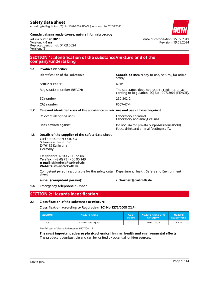 Canada Balsam SDS: Hazards, Safety, & Use for Microscopy (REACH)