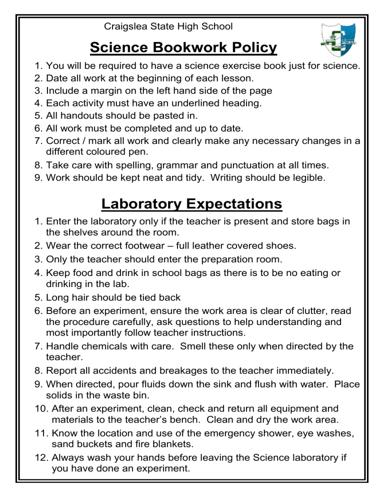 Craigslea State High School Science Bookwork & Lab Policy