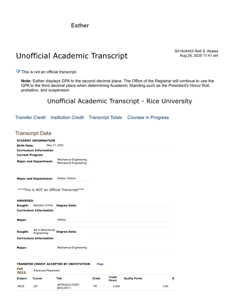 Esther Abeles Unofficial Academic Transcript - Rice University