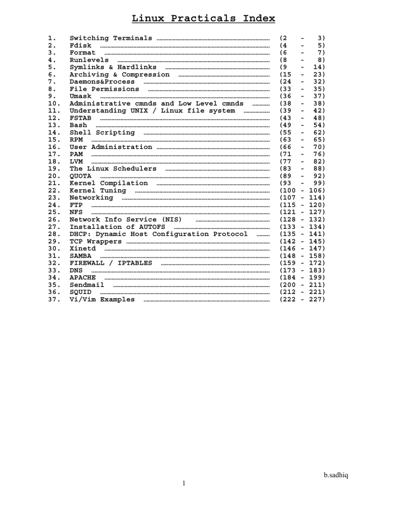 Linux Practicals Index: Commands, Fdisk, Format, File Systems Guide