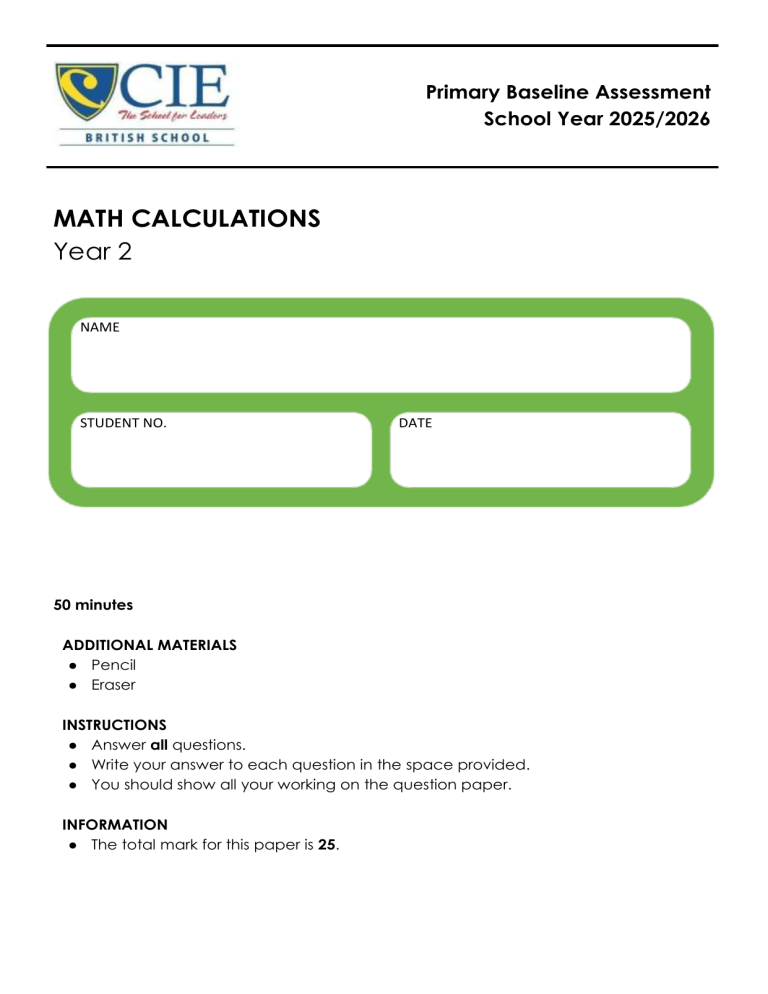 Year 2 Math Calculations Primary Baseline Assessment 2025/2026