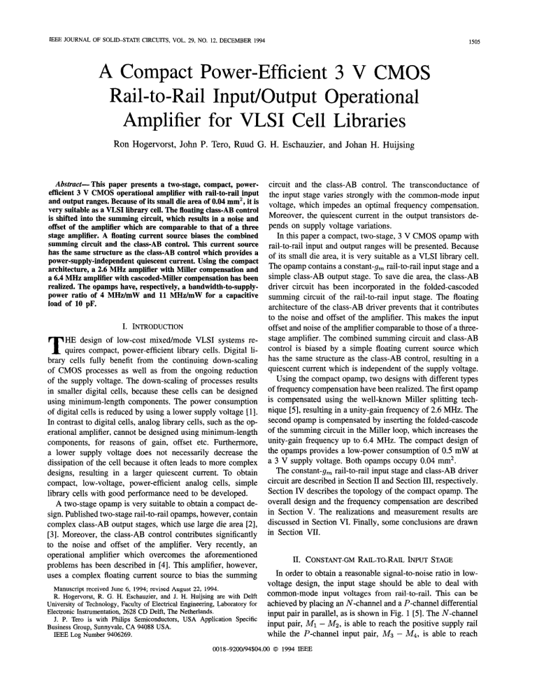 Compact Power-Efficient 3V CMOS Rail-to-Rail Op-Amp for VLSI Libraries