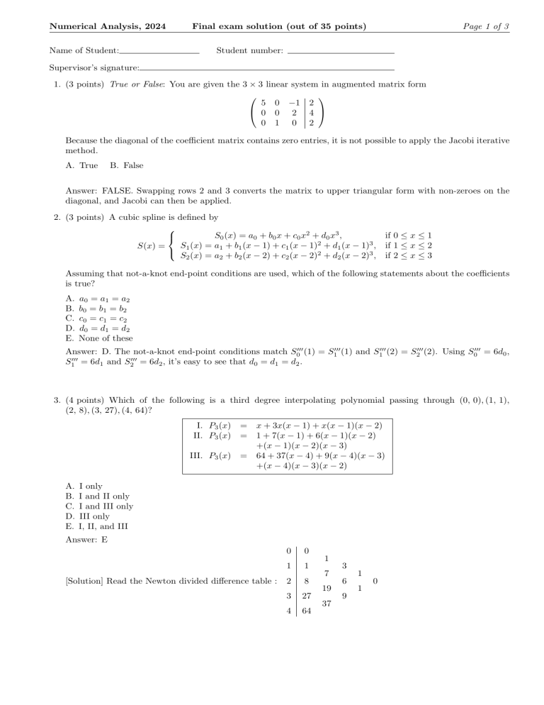 Numerical Analysis 2024 Final Exam Solution - Problems & Answers